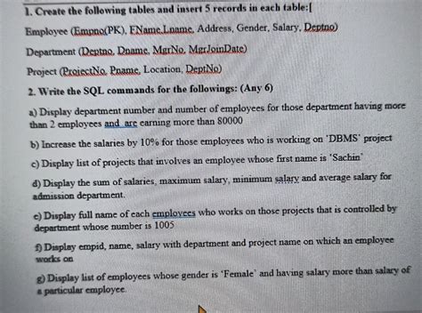 Solved Create The Following Tables And Insert Records Chegg