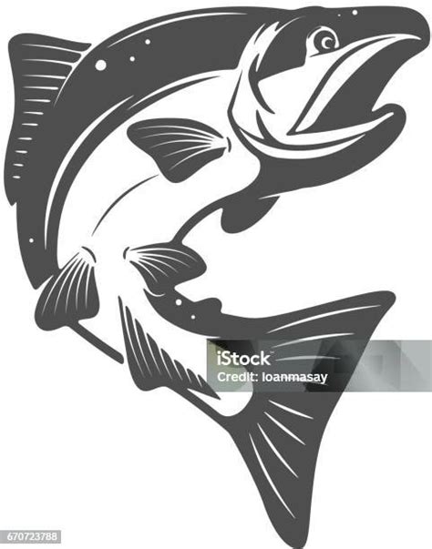 연어 아이콘 흰색 배경에 고립입니다 해산물입니다 메뉴 포스터 상징 기호에 대 한 요소를 디자인 합니다 벡터 흑백 일러스트 레이 션 월아이에 대한 스톡 벡터 아트 및 기타
