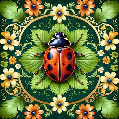 An Elegant Ladybug Illustration With Rich Dark Colors Floral And Ornate Patterns Stock