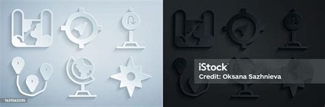 지구 지구본 도로 표지판 되돌리기 경로 위치 바람 장미 나침반 및 접힌 지도 아이콘을 설정합니다 벡터 3차원 형태에 대한 스톡 벡터 아트 및 기타 이미지 Istock