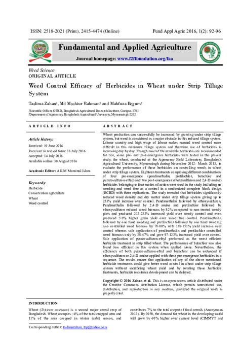 Pdf Weed Control Efficacy Of Herbicides In Wheat Under Strip Tillage