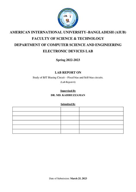 Study Of BJT Biasing Circuit Fixed Bias And Self Bias Circuits Lab Report Lab Report