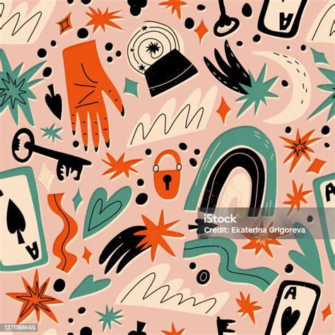 복고풍 스타일의 비원하고 신비한 매끄러운 패턴 미래의 말하기 야자 수 독서 떨어지는 별 행운과 행운의 상징 카드 재생 직물 배경 화면만화에 대한 만화 벡터 고립 된 그림