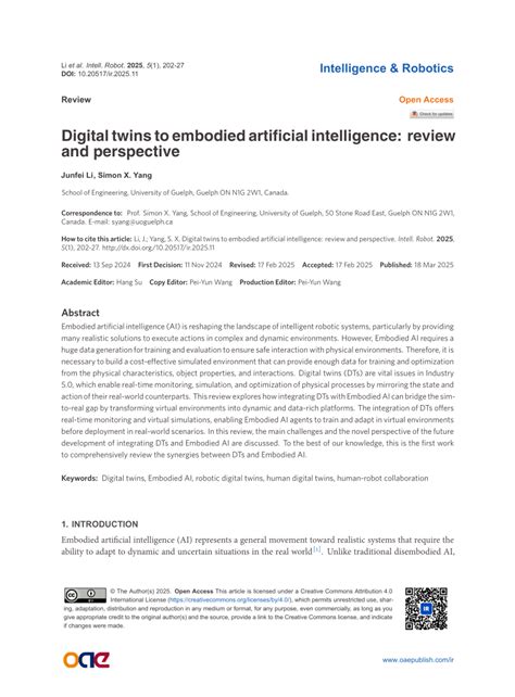 Pdf Digital Twins To Embodied Artificial Intelligence Review And Perspective