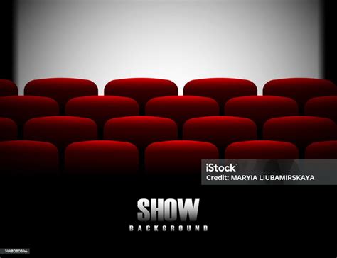 시네마 스크린 스크린과 좌석이 있는 영화관 인테리어가있는 극장 홀 영화 극장을위한 강당 영화를위한 빈 무대 프레젠테이션을 위한 장면이 있는 빨간 의자 광고의 배경 벡터 영화