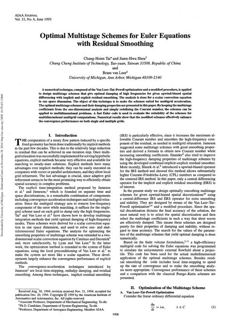 Pdf Optimal Multistage Schemes For Euler Equations With Residual Smoothing