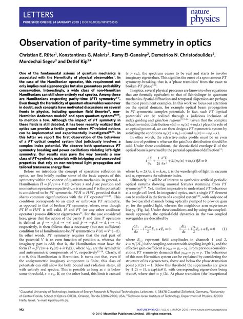 Pdf Observ Ation Of Parity Time Symmetry In Optics