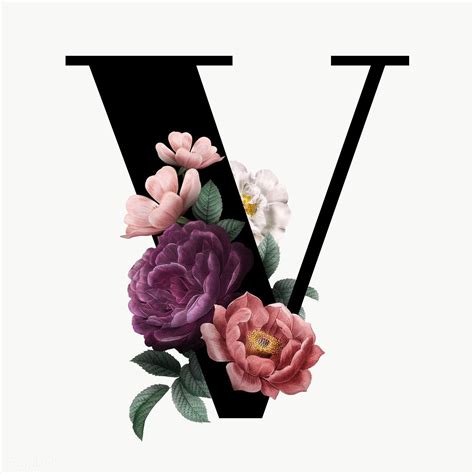 The Letter V Is Decorated With Flowers And Leaves