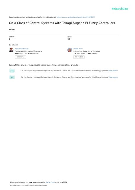 Pdf On A Class Of Control Systems With Takagi Sugeno Pi Fuzzy Controllers