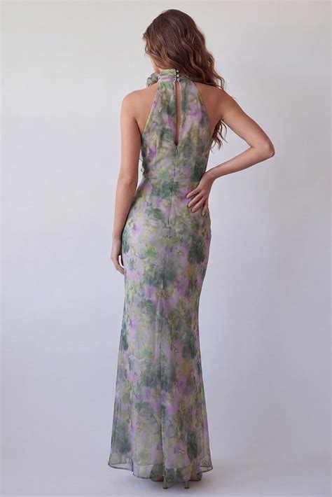 Zapaka Women Dusty Sage Bodycon Formal Dress Halter Neck Chiffon Floral