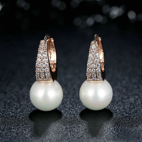 Elegant Pearl Drop Earrings With Rose Gold Clasp Pearl Diamond Dangle