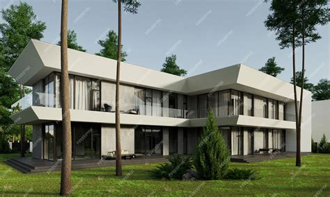 Render 3d De Una Casa En El Bosque Casa Con Terraza Y Ventanas