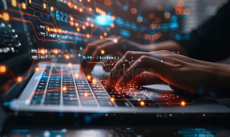 coding programmer on laptop with circuit board and javascript digital