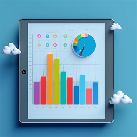Tablet Screen Displaying Bar Graph And Pie Chart With Three White Cloud Icons On A Blue
