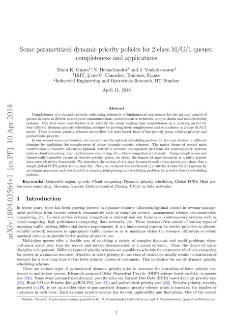 Pdf Some Parametrized Dynamic Priority Policies For 2 Class Mg1