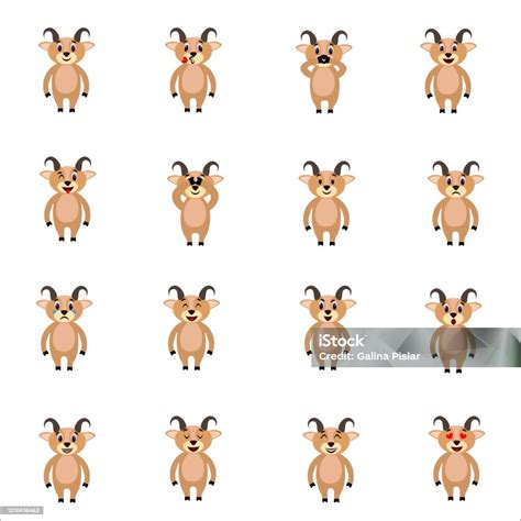 흰색 배경에 고립 된 평평한 스타일의 귀여운 염소의 감정 세트 장식 및 디자인 어린이 책과 색칠 스티커 직물 포장 엽서에 대한 스톡 벡터 일러스트레이션 감정에 대한 스톡