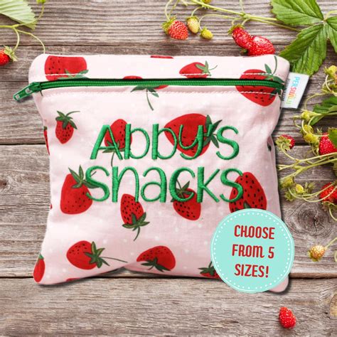 Personalized Reusable Snack Bag Strawberry On Pink Washable Food Safe