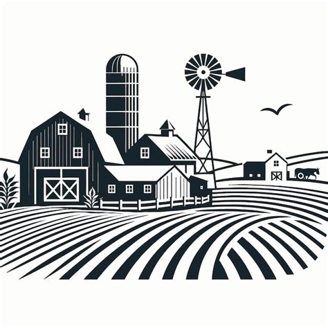 Premium Vector A Black And White Drawing Of A Farm With A Cow On It