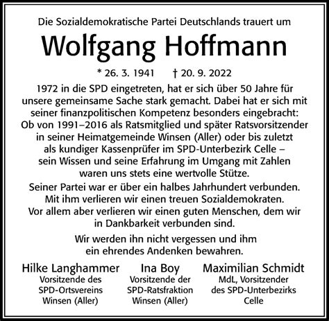 Traueranzeigen Von Wolfgang Hoffmann Trauerportal Der Celleschen Zeitung