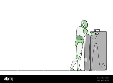 Single Continuous Line Drawing Robots Standing And Hugging Huge Briefcase Humanoid Robot