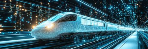 High Speed Train Races Through Cyberspace Symbolizing Global Connectivity And Data Flow Stock