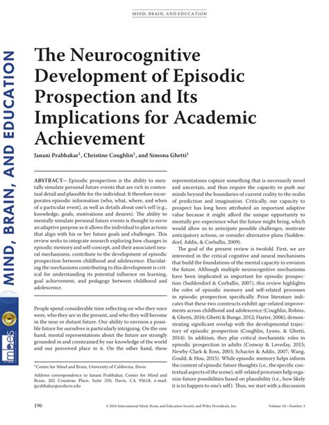 Pdf The Neurocognitive Development Of Episodic Prospection And Its Implications For Academic