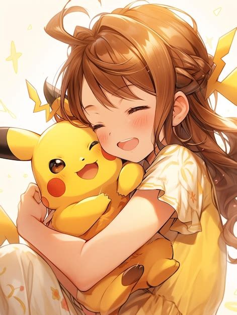 Premium Photo Anime Girl Hugging A Pikachu With Her Eyes Closed Generative Ai