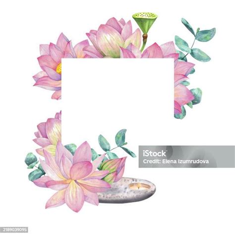 분홍색 피는 연꽃 새싹 유칼립투스 잎 및 돌 촛불 배경에 고립된 직사각형 프레임 손으로 그린 수채화 그림입니다 디자인 장식 엽서