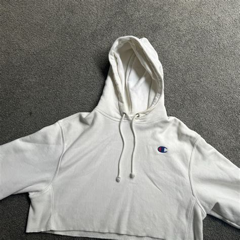White Cropped Champion Hoodie Size S Sent By Depop