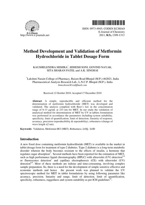 Pdf Method Development And Validation Of Metformin Hydrochloride In Tablet Dosage Form