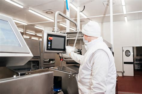 현대 식품 공장에서 육류를 포장하고 절단하는 자동화 된 생산 라인 육류 가공 장비 20 24세에 대한 스톡 사진 및 기타 이미지 20 24세 가금류 가루로 빻은