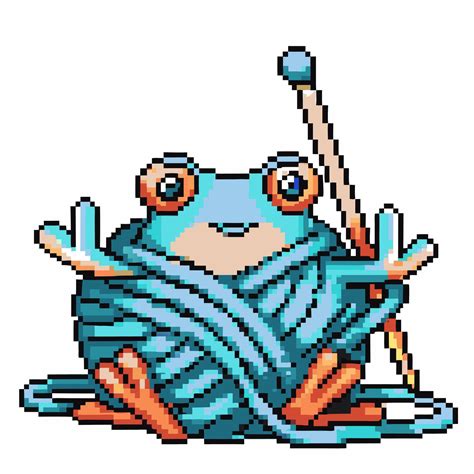 Pixel Art Frog Wrapped In Yarn Cute Knitting And Crochet Theme With