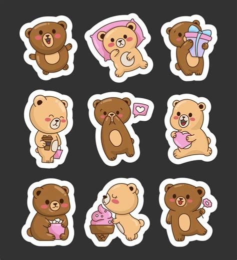 귀여운 카와이 은 다양한 포즈를 취합니다 스티커 북마크 이모지 만화 캐릭터 손으로 그린 스타일 프리미엄 벡터