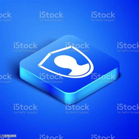 파란색 배경에 격리된 아이소메트릭 사용자 보호 아이콘입니다 보안 사용자 로그인 암호 보호 개인 데이터 보호 인증 파란색 사각형 버튼입니다 벡터 일러스트레이션 데이터에 대한