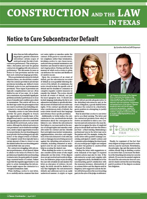 Notice To Cure Subcontractor Default The Chapman Firm A Balanced