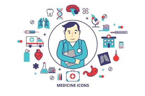 플랫 라인 벡터 일러스트 레이 션 의료 아이콘의 많은 심장 박사 주위 브로셔 및 웹사이트에서 사용할 수 있습니다 건강관리와 의술에 대한 스톡 벡터 아트 및 기타 이미지