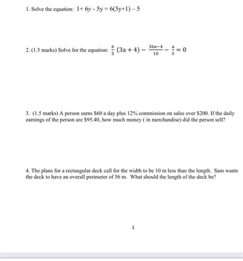 Solved 1 Solve The Equation 1 6y−5y 6 3y 1 −5 2 1 5