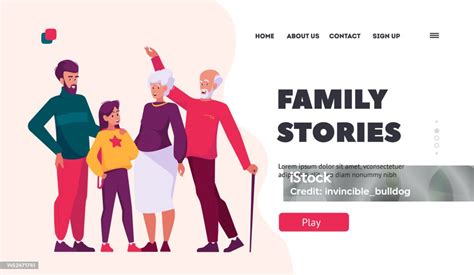 가족 이야기 방문 페이지 템플릿입니다 행복 한 캐릭터 아버지 딸 할아버지 할머니 벡터 일러스트 레이 션 십대에 대한 스톡 벡터 아트 및 기타 이미지 Istock