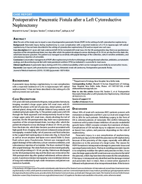 Pdf Postoperative Pancreatic Fistula After A Left Cytoreductive Nephrectomy