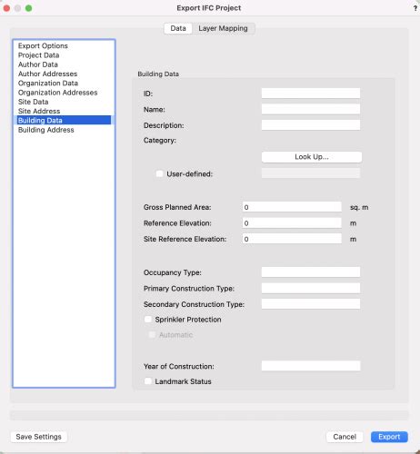 more information on fields in export ifc project data architecture