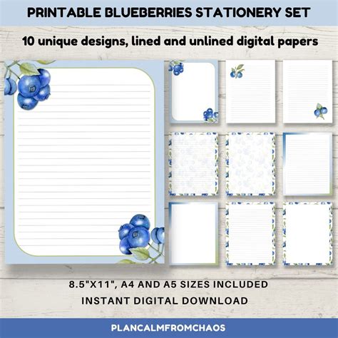 Printable Blueberry Stationery Digital Download Printable Writing