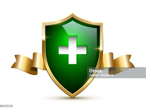 크로스 사인과 흰색에 고립 된 황금 리본과 골드 프레임 유리 골드 쉴드 벡터 클리닉 의료 또는 제약 로고 개념에 대한 스톡 벡터