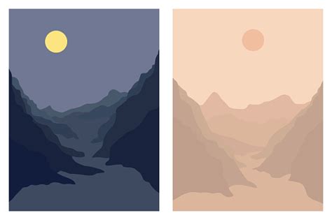 산 달 태양의 미적 낮과 밤 풍경의 집합 벽 장식 미니멀 한 아트 프린트 템플릿 현대 벡터 일러스트레이션 달 하늘에 대한 스톡 벡터 아트 및 기타 이미지 Istock