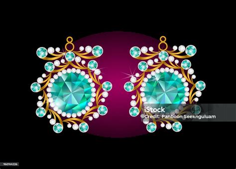 현실적인 귀걸이 또는 펜 던 트 목걸이 보석 액세서리 금과 다이아몬드 벡터 일러스트 레이 션입니다 꽃 식물에 대한 스톡 벡터 아트 및 기타 이미지 Istock