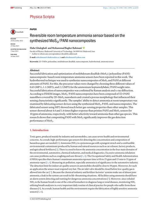 Pdf Reversible Room Temperature Ammonia Sensor Based On The Synthesized Mos2pani Nanocomposites