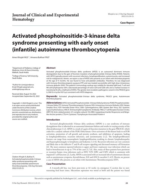 Pdf Case Report Activated Phosphoinositide 3 Kinase Delta Syndrome
