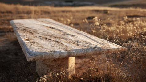 Tranquil Sunset Over Rustic Stone Table In Arid Landscape Stock
