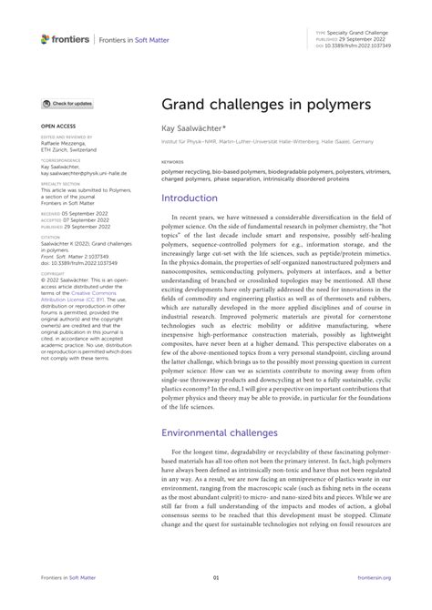Pdf Grand Challenges In Polymers