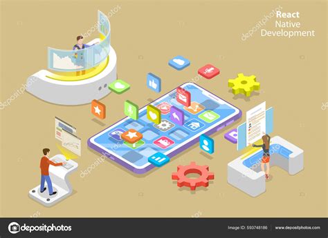 Isometric Flat Vector Conceptual Illustration React Native Development Mobile App Stock Vector
