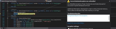 Visual Studio Error Attempted To Read Or Write Protected Memory In Vb Net Stack Overflow
